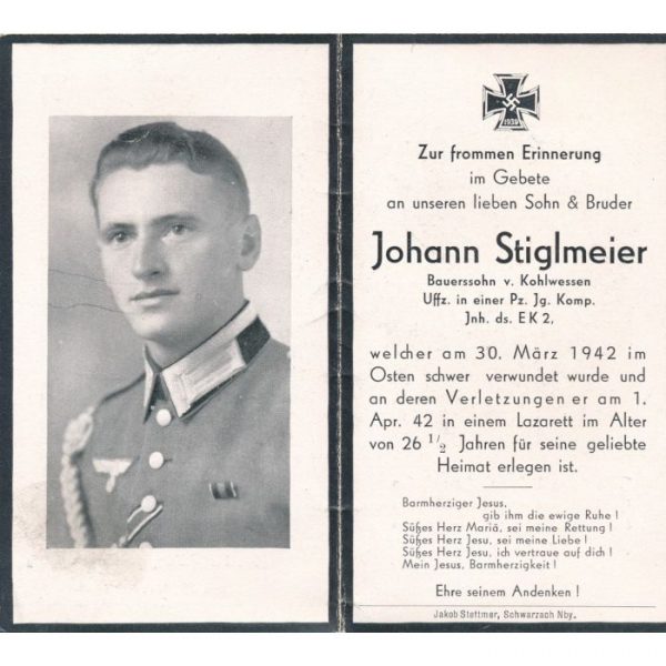 GERMAN WWII DEATH CARD FOR PANZER DIVISION UNTEROFFIZIER JOHANN ...