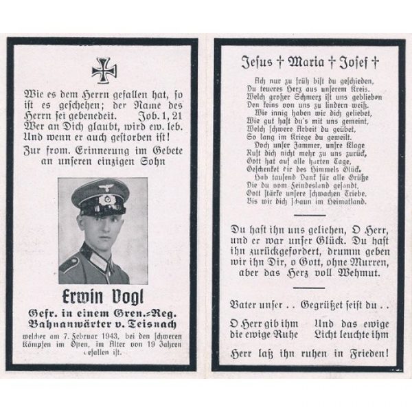 GERMAN WWII DEATH CARD FOR RAILWAY TECHNICIAN ERWIN VOGL - WARSTUFF.COM