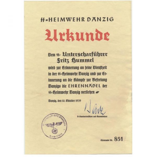 SS HEIMWEHR DANZIG SS UNTERSCHARFUHRER FRITZ HUMMEL - WARSTUFF.COM