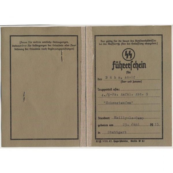 SS FUHRERSCHEIN SCHWEIGEL DIVISION HITLERJUGEND - WARSTUFF.COM