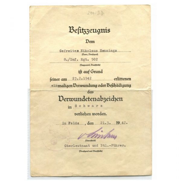 GERMAN AWARD DOCUMENT BLACK WOUND BADGE-DERMUNDETENABZEICHEN - WARSTUFF.COM