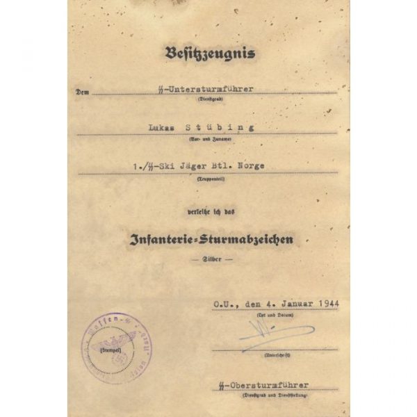 GERMAN WW2 INFANTRY ASSAULT BADGE BRONZE AWARD DOCUMENT FOR LUKAS ...