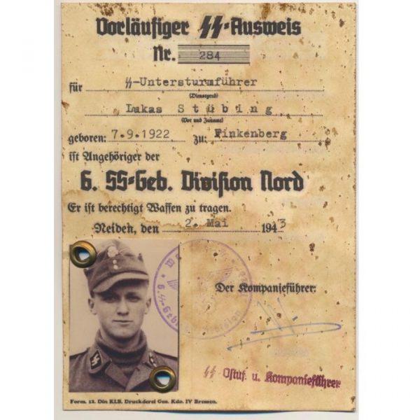 GERMAN SS AUSWEIS SS UNTERSTURMFUHRER LUKAS STUBING 1.SS-SKI JAGER BTL ...
