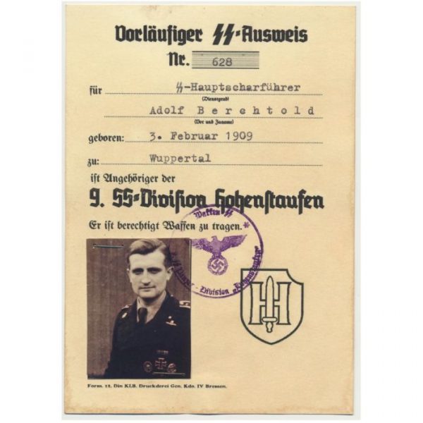 SS AUSWEIS SS HAUPTSCHARFUHRER ADOLF BERCHTOLD 1.SS PZ RGT 9 ...