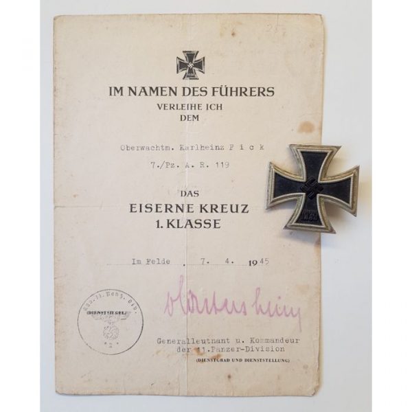 GERMAN WW2 IRON CROSS 1ST CLASS 1939 MEDAL WITH IRON CROSS AWARD ...