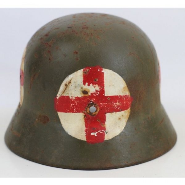 GERMAN WW2 M35 COMBAT MEDIC HELMET WITH 3 RED CROSS's - WARSTUFF.COM
