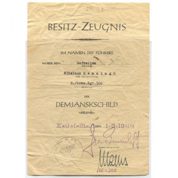 GERMAN AWARD DOCUMENT DEMJANSK CAMPAIGN SHIELD - WARSTUFF.COM