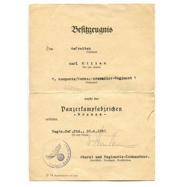 GERMAN WW2 AWARD DOCUMENT FOR PANZER ASSAULT BADGE IN BRONZE - WARSTUFF.COM
