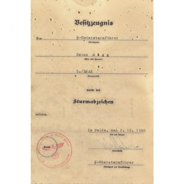 GERMAN WW2 GENERAL ASSAULT BADGE AWARD DOCUMENT FOR HEINZ MAGG ...